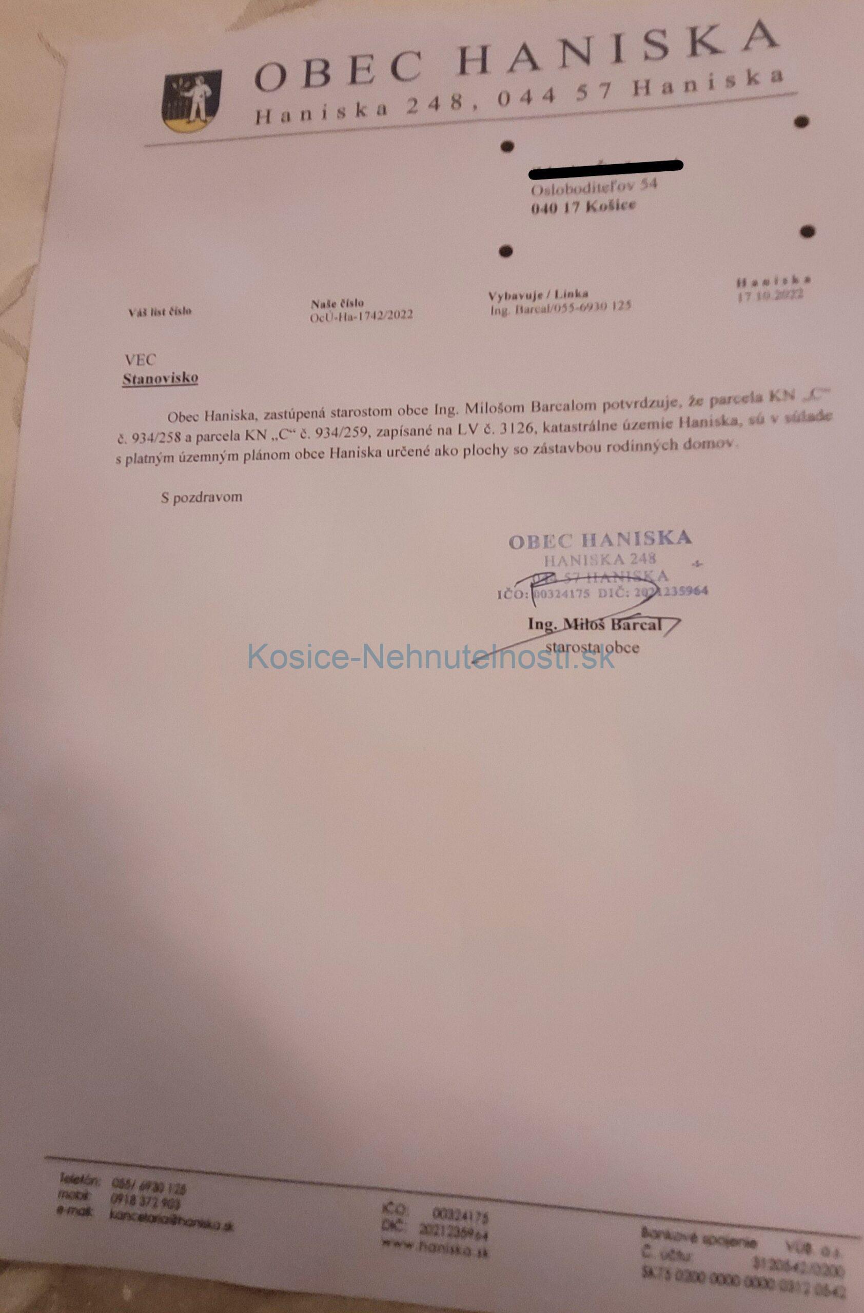 Haniska pri Košiciach 965 m2 rovinatá stavebná parcela C